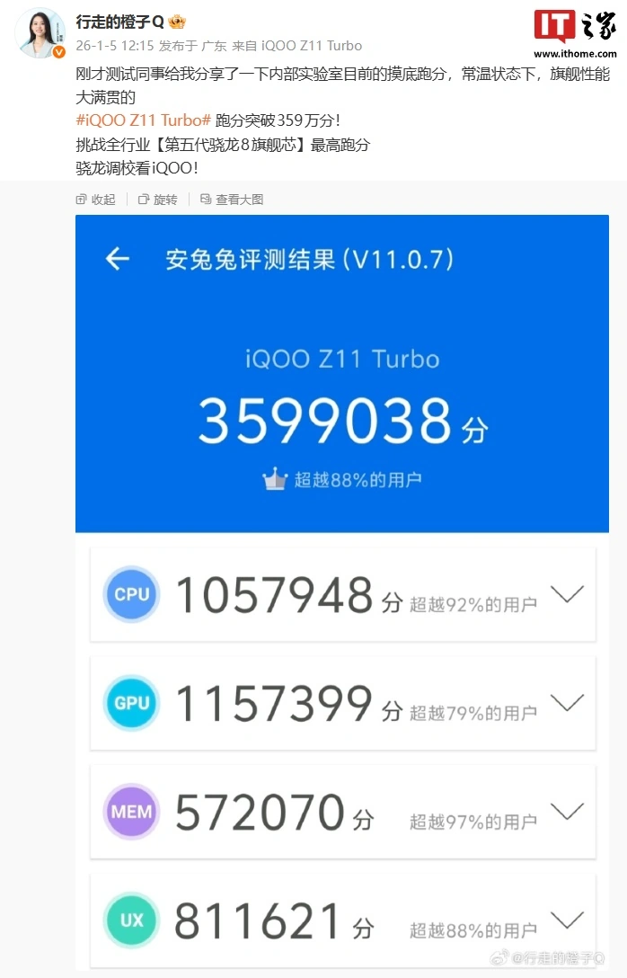 iQOO Z11 Turbo 新机实验室摸底跑分公布，常温突破 359 万分 | 特看手机网